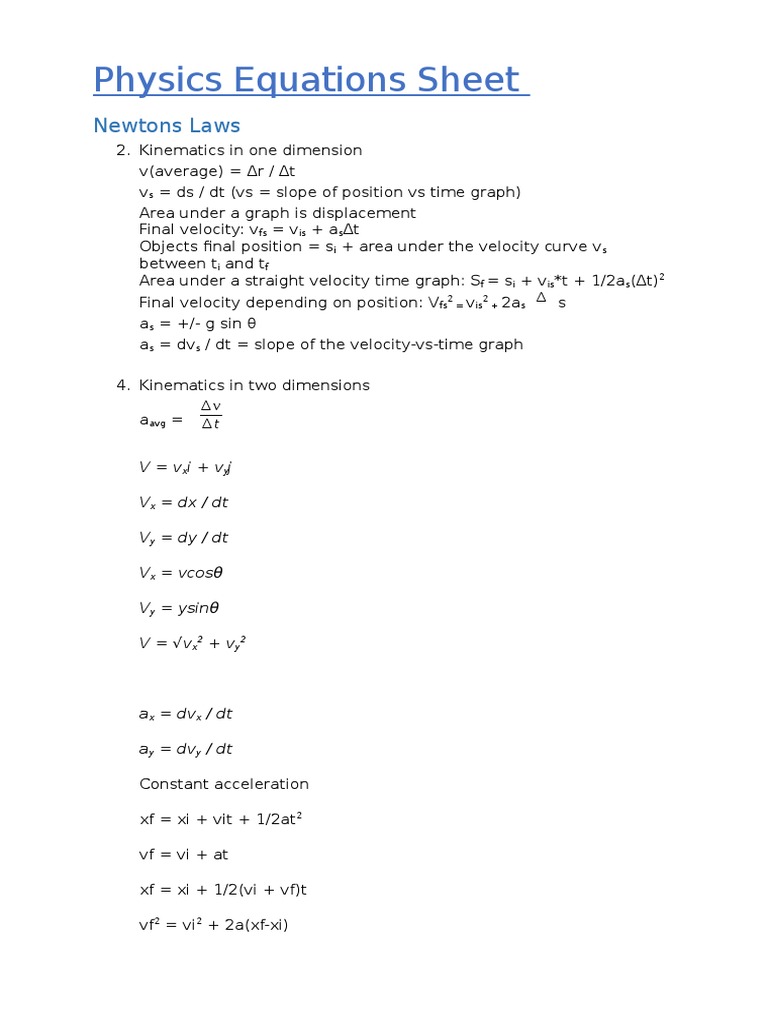 Physics Equations Sheet | PDF | Acceleration | Kinematics