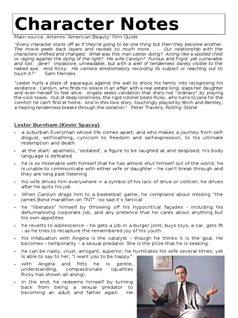Character Notes: Lester Burnham (Kevin Spacey) | PDF