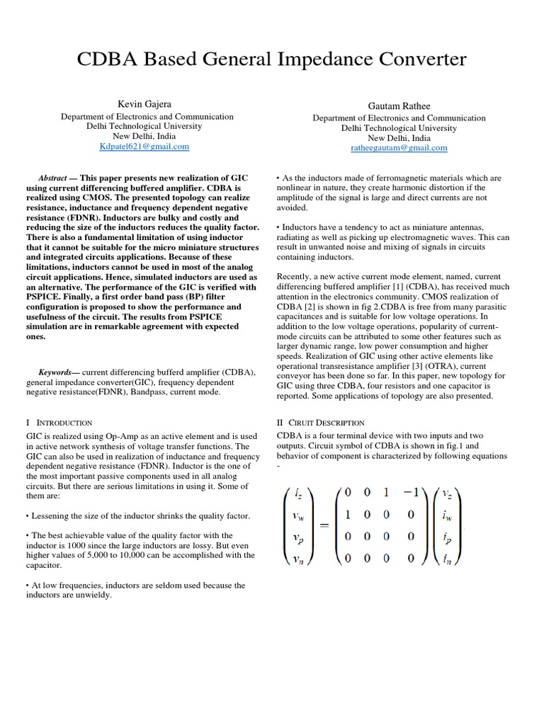 CDBA Based GIC PDF | PDF | Inductor | Electrical Impedance