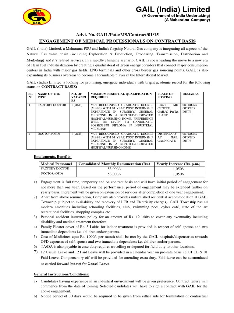 GAIL (India) Limited: Advt. No. GAIL/Pata/MS/Contract/01/15 Engagement ...