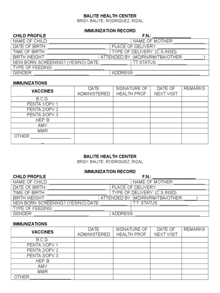 Child Immunization Record Form | PDF | Law | Social Science