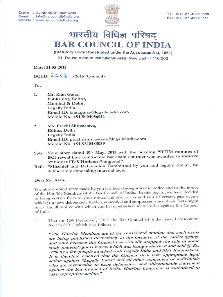 BCI Letter To Legally India | PDF