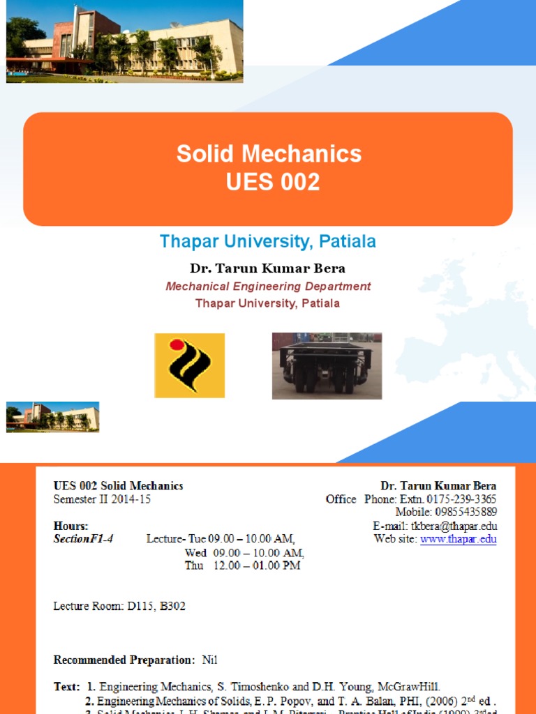 Solid Mechanics UES 002: Thapar University, Patiala | PDF