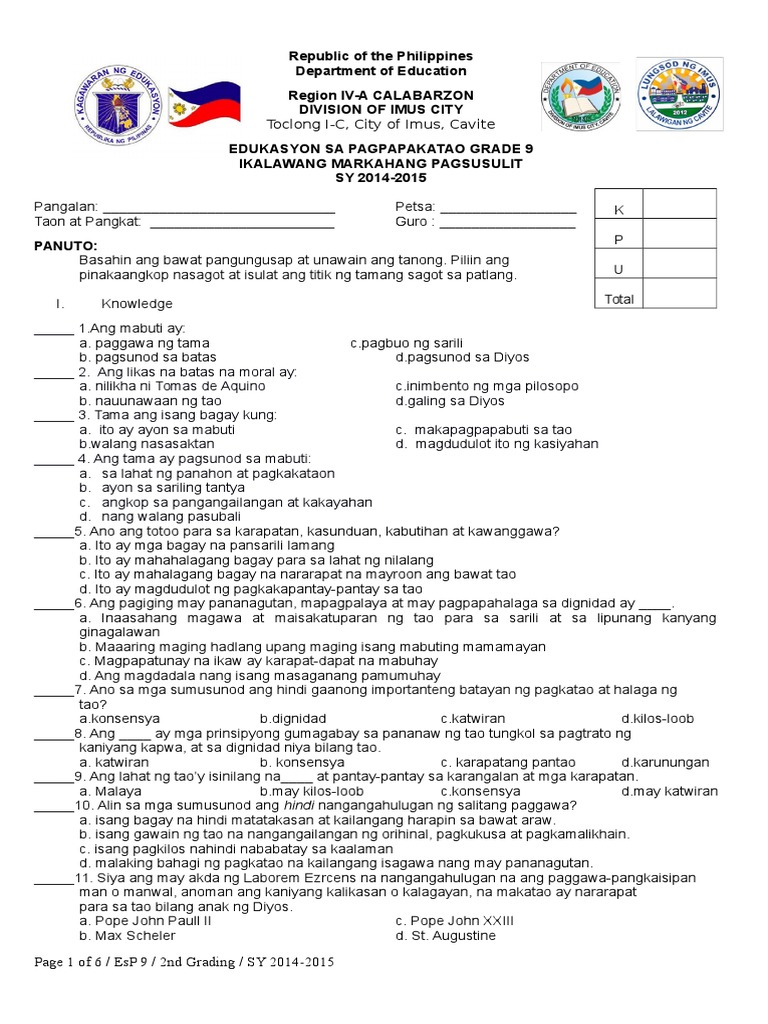 EsP - 2nd Periodical Tests Grade 9 | PDF