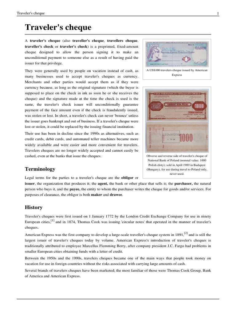 Travellers Cheque | Traveler's Cheque | Cheque