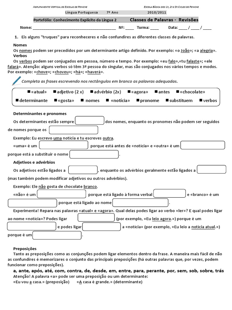 Classe e subclasse de palavras