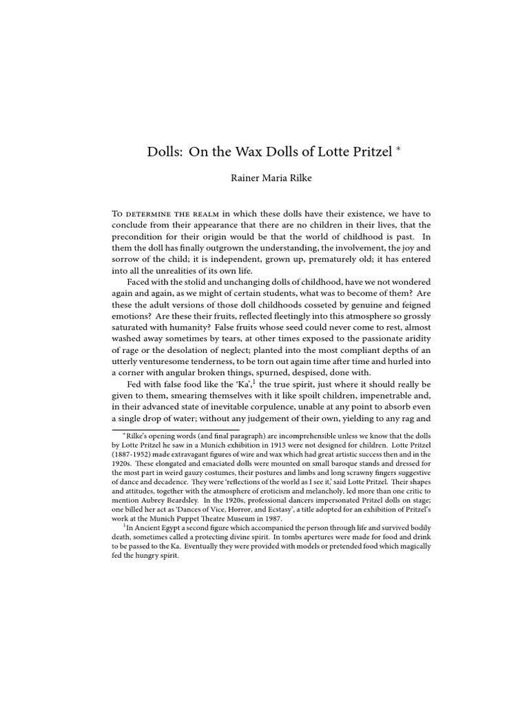 Dolls: On The Wax Dolls of Lotte Pritzel: Rainer Maria Rilke | PDF