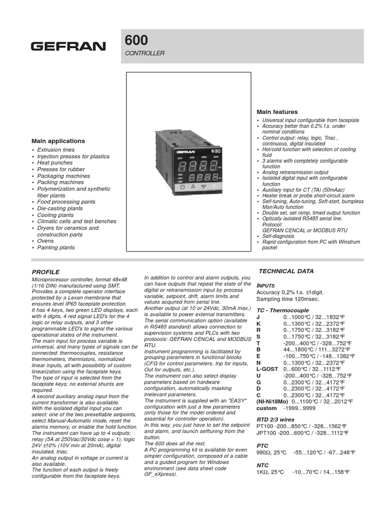 GEFRAN 600 DATASHEET | Parameter (Computer Programming) | Relay
