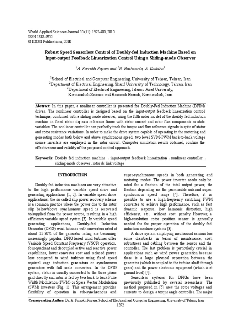 Robust Speed Sensorless Control Of Doubly Fed Induction Machine Based On Input Output Feedback