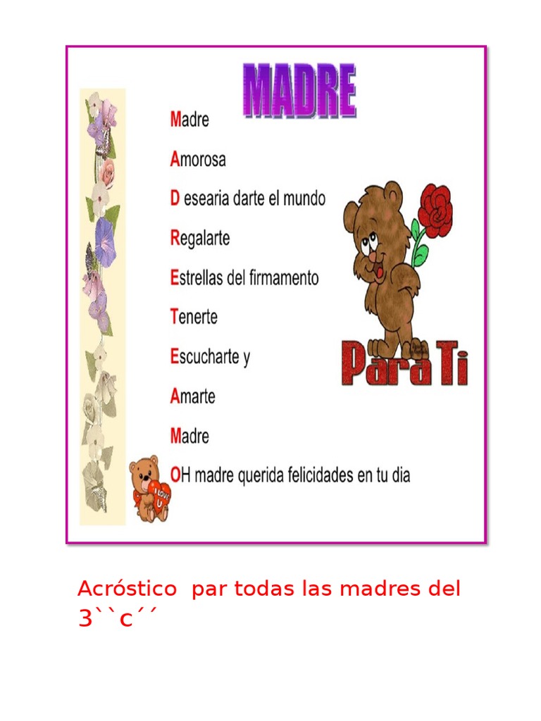 Acróstico Par Todas Las Madres Del 3, Imagenes para El Dia de La Madre ...