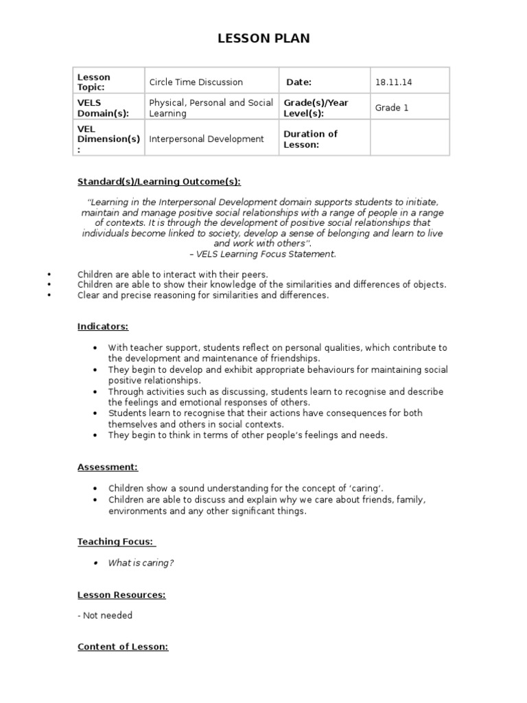 Grade 1 Circle Time: Caring Discussion | PDF | Interpersonal ...