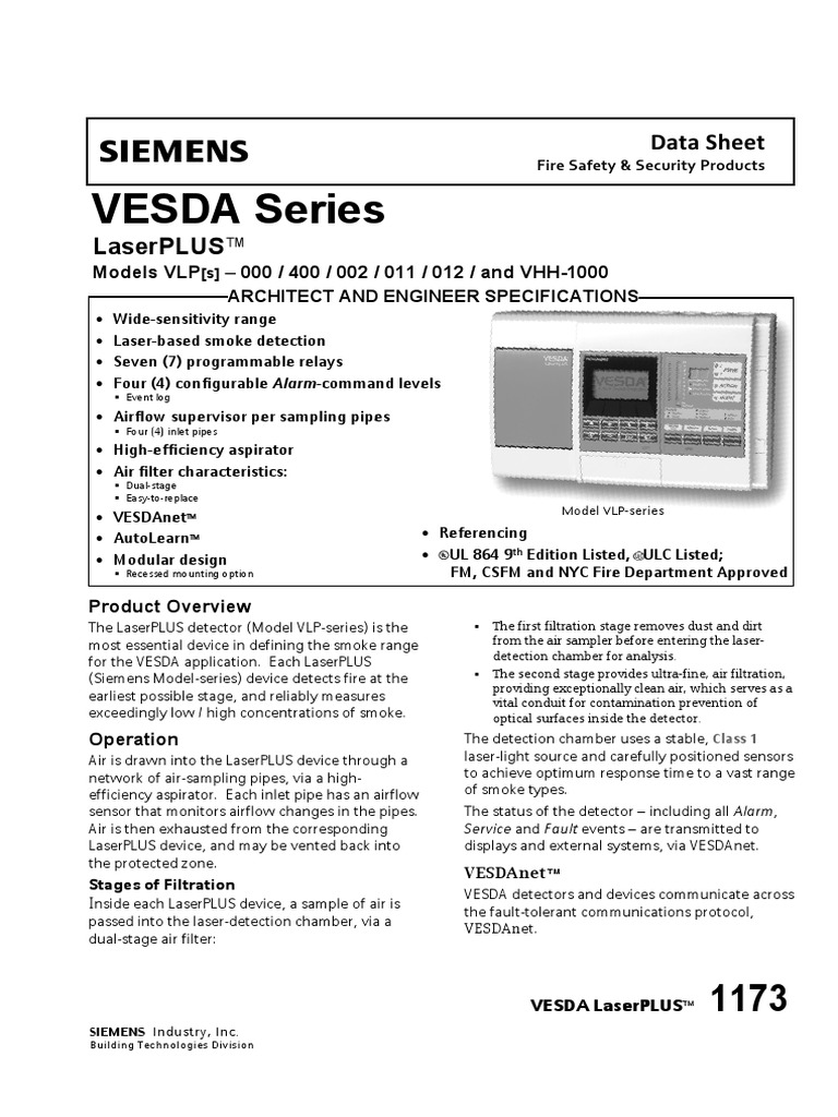 VESDA LaserPLUS Data Sheet | PDF | Smoke | Filtration
