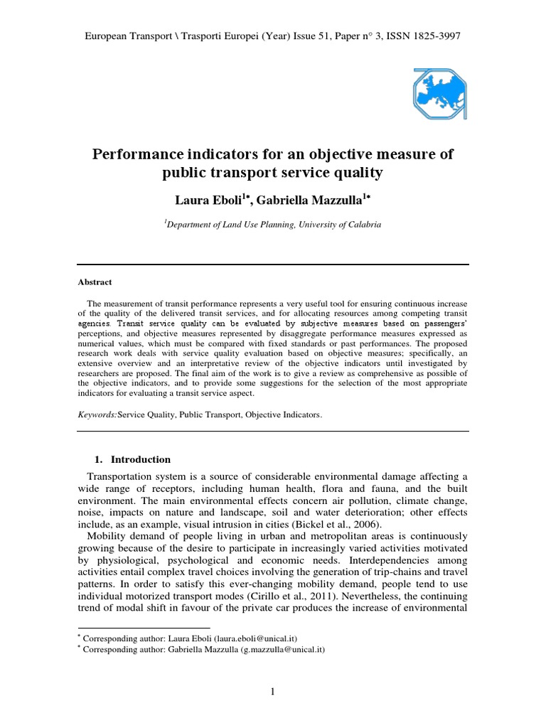 Performance Indicators For An Objective Measure of Public Transport ...