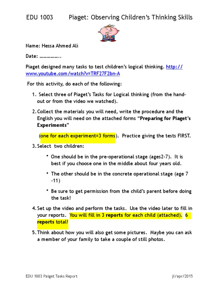 Piagets Task Observation Form 2 | PDF | Neuropsychology | Cognitive Science