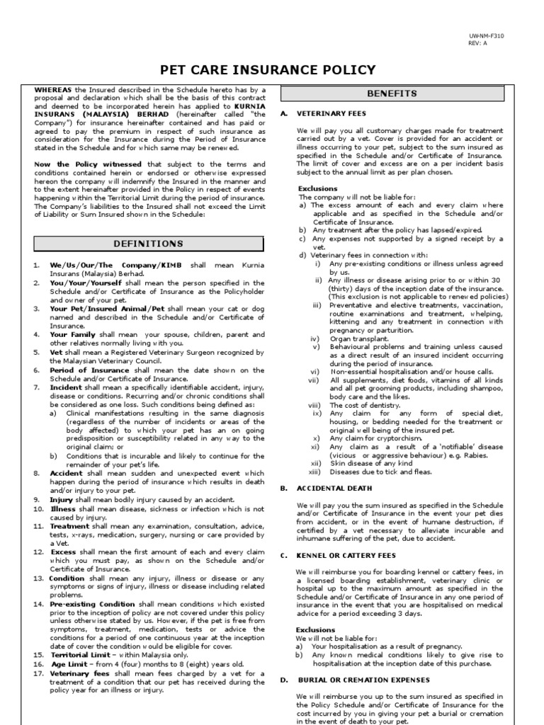 PetCare Insurance Policy Wording | Liability Insurance | Insurance Policy