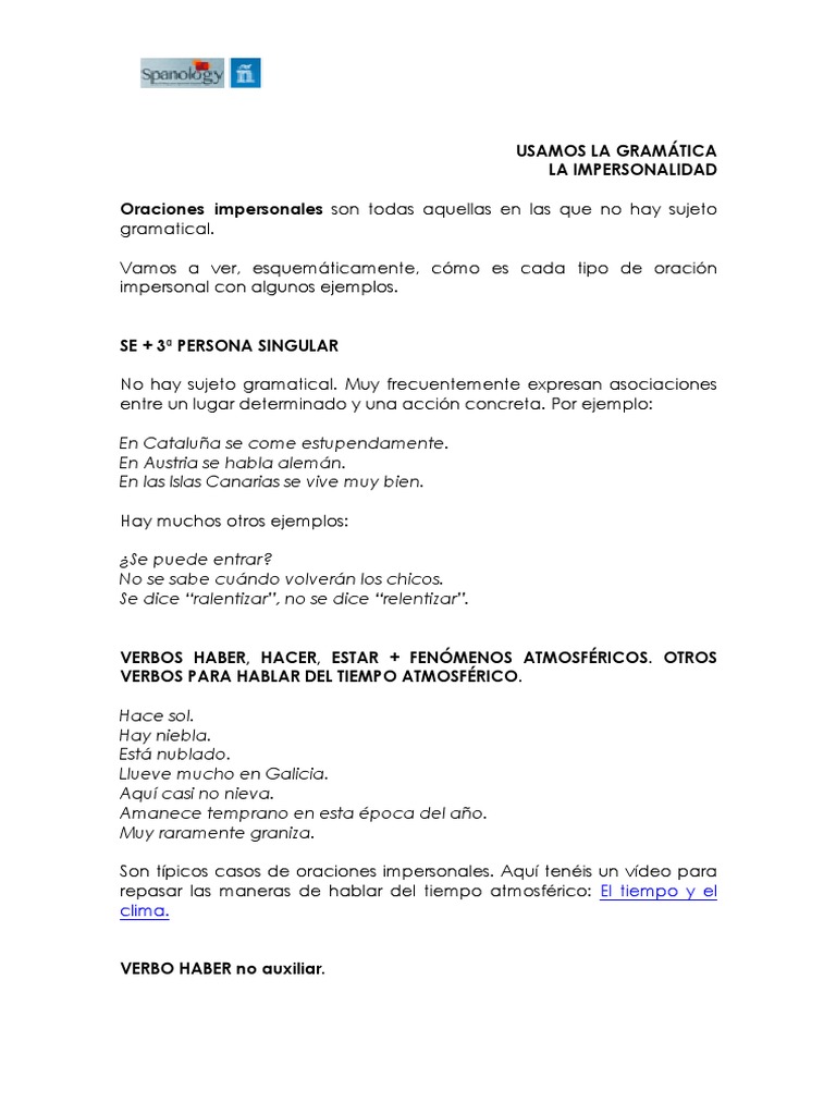 Usamos La Gramática La Impersonalidad | PDF