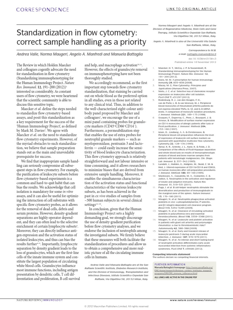 Standardization in Flow Cytometry Correct Sample Handling As A Priority ...