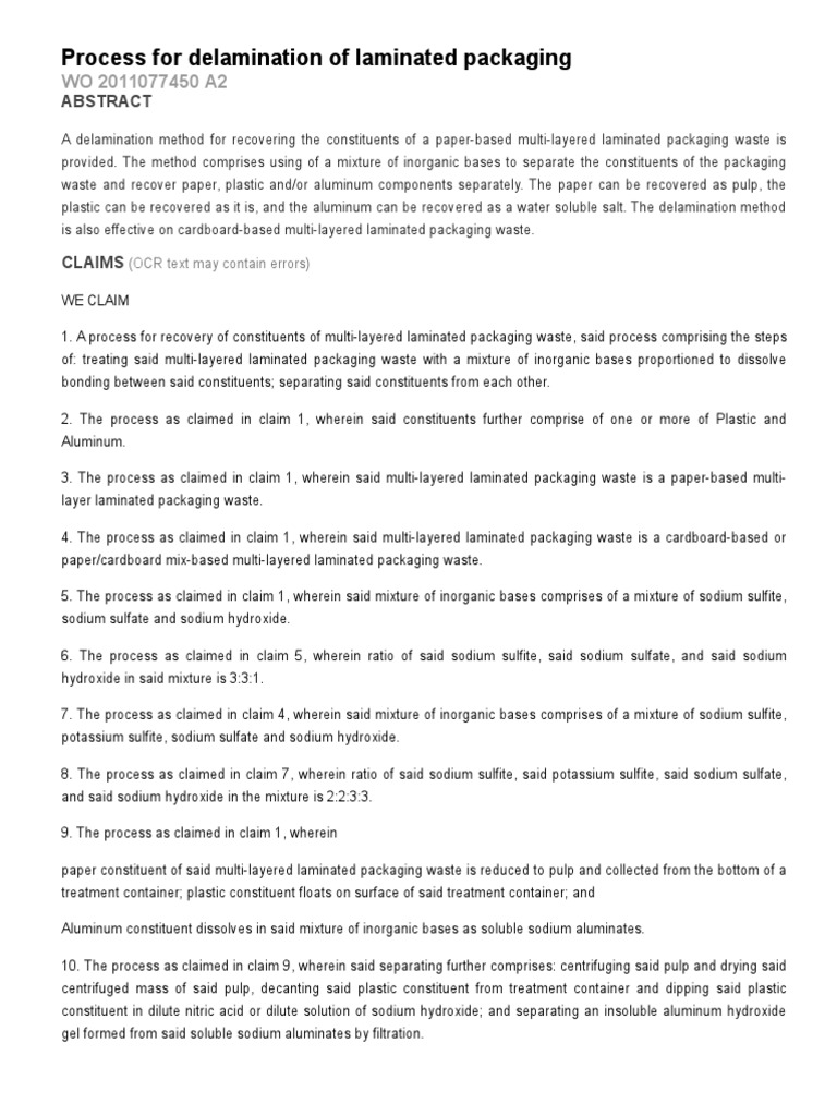 Process For Delamination of Laminated Packaging: (OCR Text May Contain ...