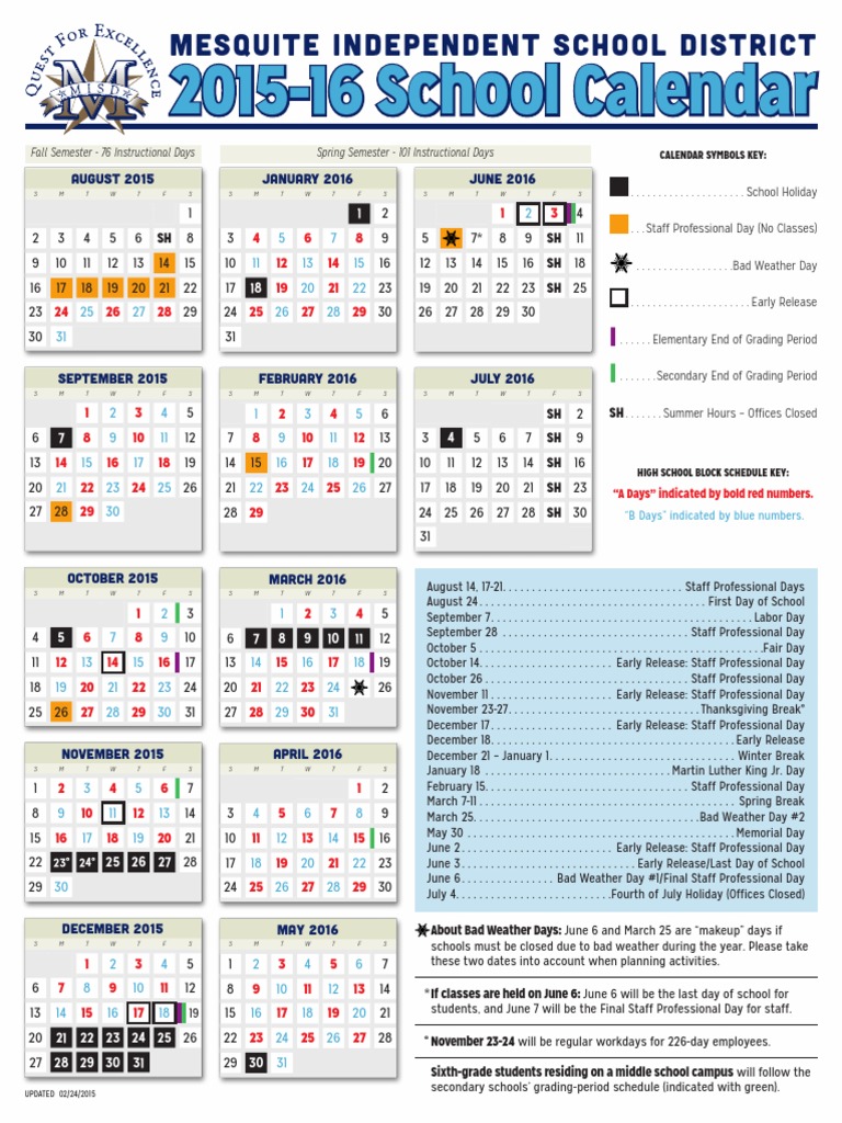 2015-16 School Calendar: Mesquite Independent School District | PDF ...
