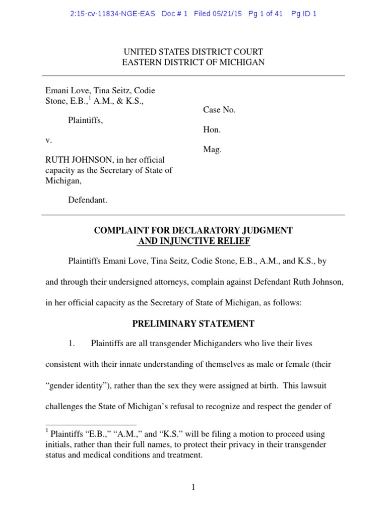 Complaint For Declaratory Judgment and Injunctive Relief | PDF | Gender Identity | Transgender