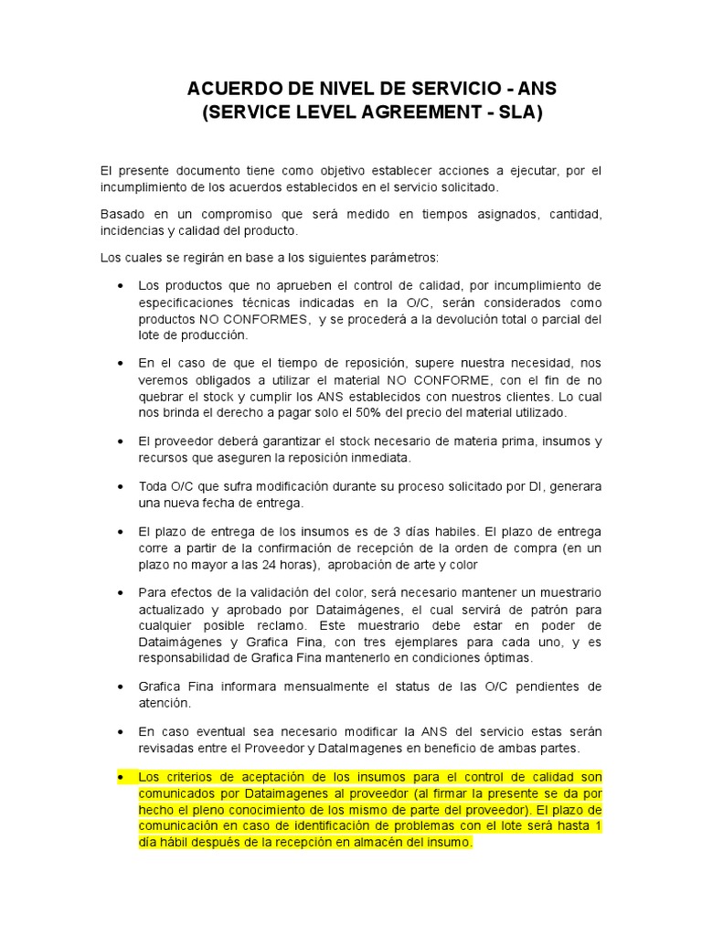 Modelo de Acuerdo de Nivel de Servicio | PDF | Acuerdo de nivel de servicio | Business