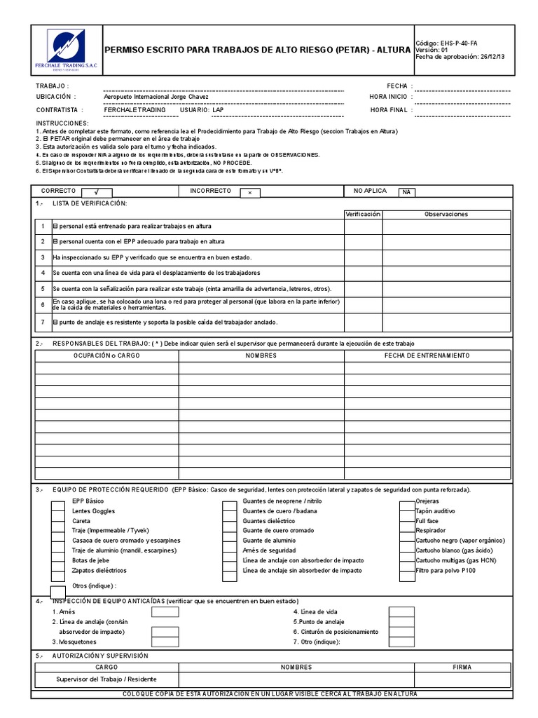 180-Ehs-p-40-Fa Permiso Escrito para Trabajo de Alto Riesgo (Petar) - Altura | PDF | Naturaleza