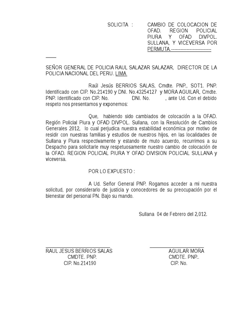 Solicitud de Permuta PNP Piura-Sullana | PDF
