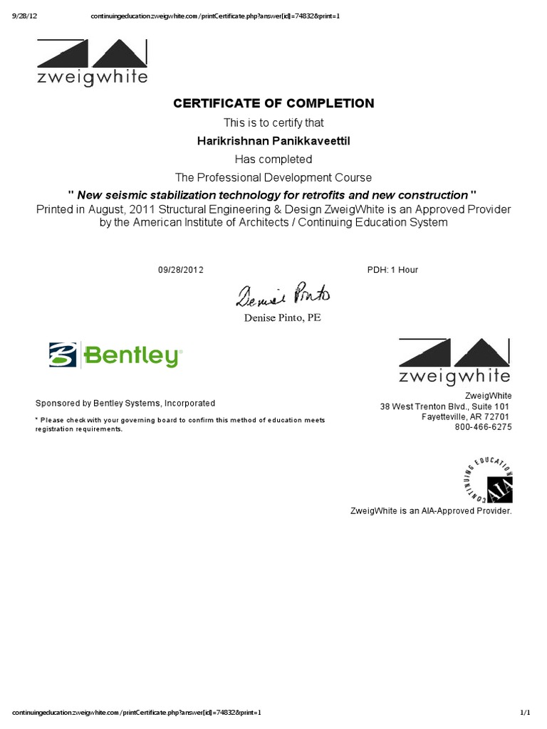 Certificate of Completion for Seismic Course | PDF