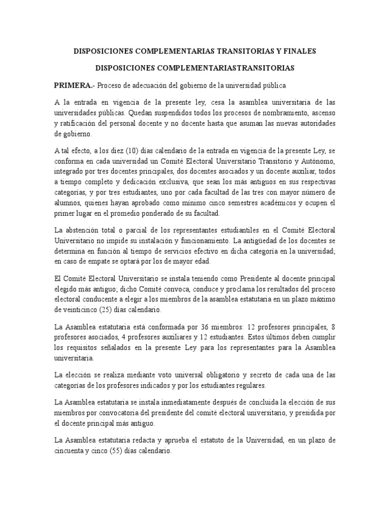 Disposiciones Complementarias Transitorias y Finales | Universidad | Perú