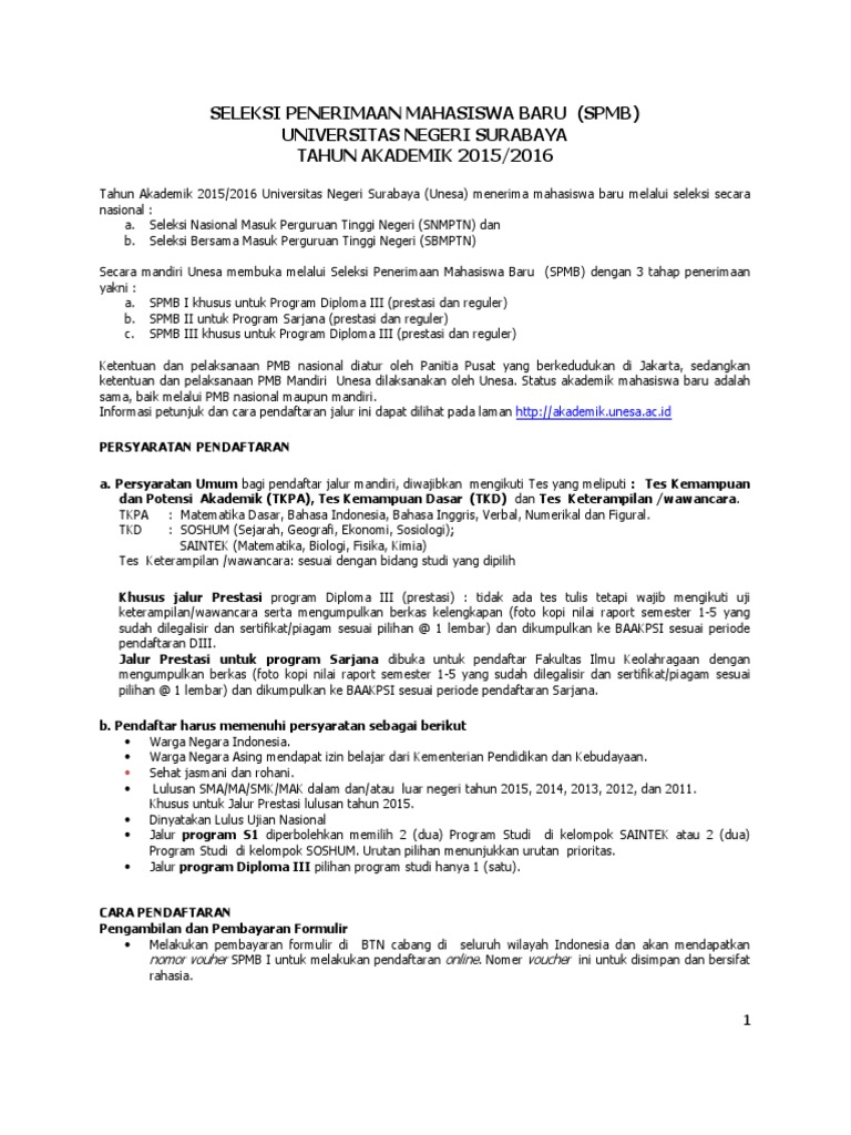 SPMB Unesa 2015-2016 | PDF | Bisnis | Pengelolaan Keuangan & Uang