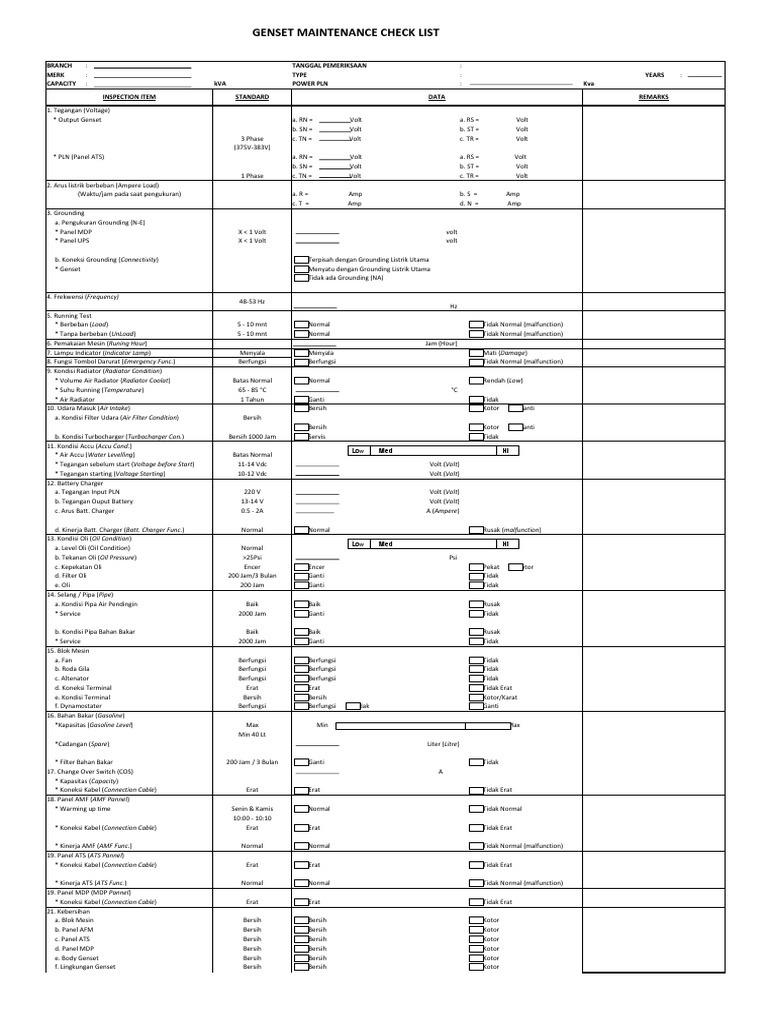 Genset Maintenance Inspection Checklist | PDF