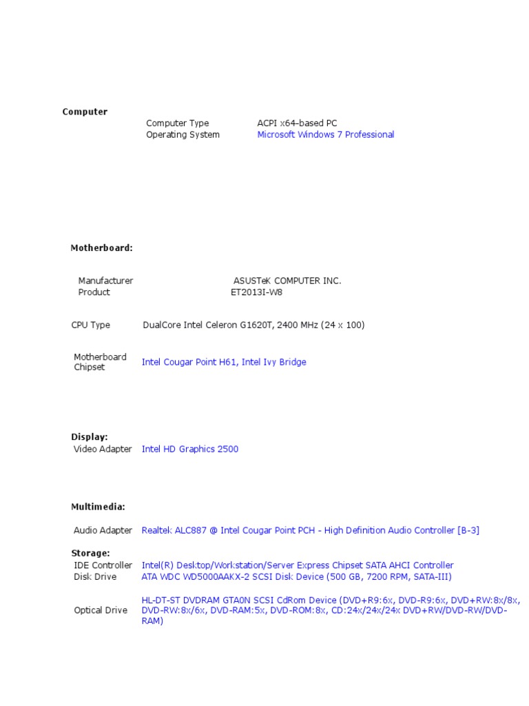 Computer Type ACPI X64-Based PC Operating System | PDF