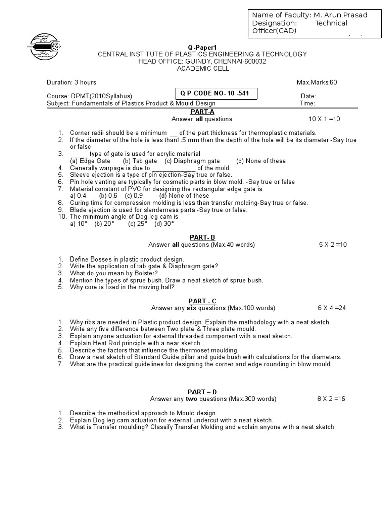 Fundamentals of Plastic Product Design Question Paper 2015-16 | Plastic ...