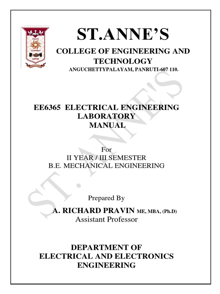 EE6365 Electrical Engineering Lab Manual | PDF | Electric Current | Voltage