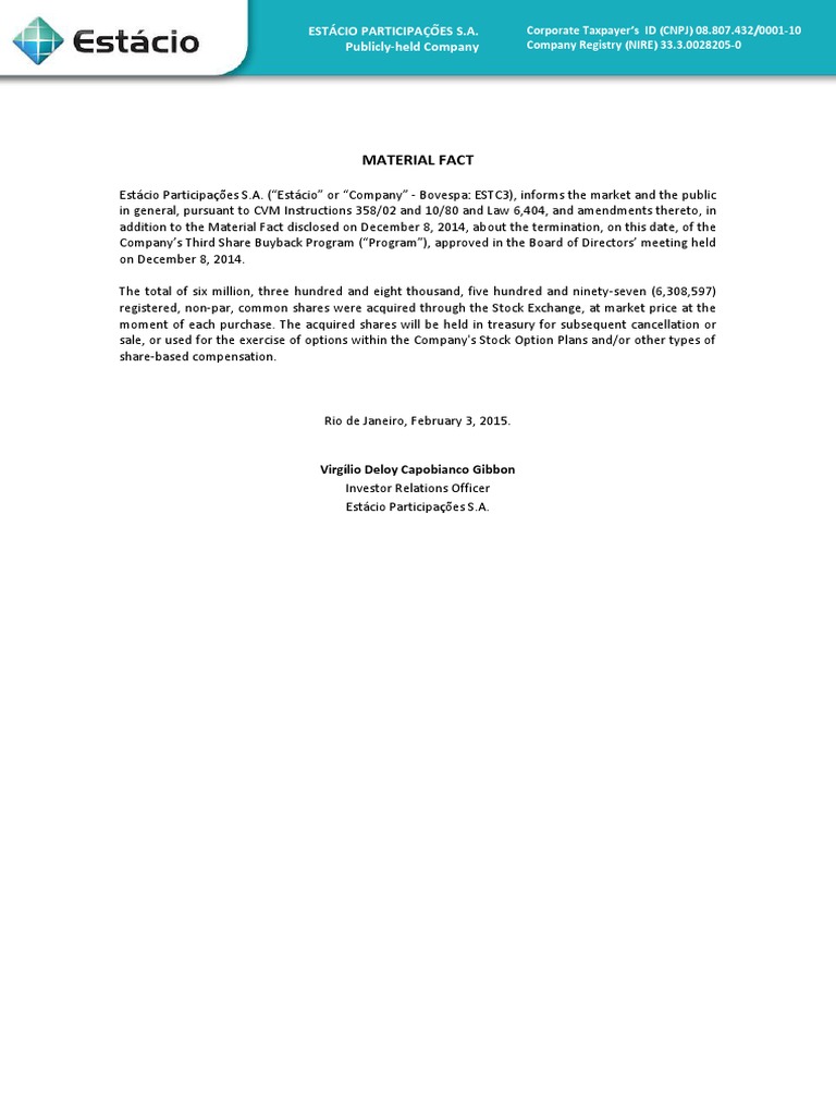 Estácio: Material Fact - Termination of Third Share Buyback Program | PDF