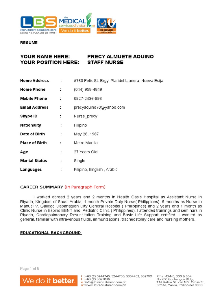LBS_CV_FORMAT_2014 (4).doc | Intensive Care Unit | Nursing