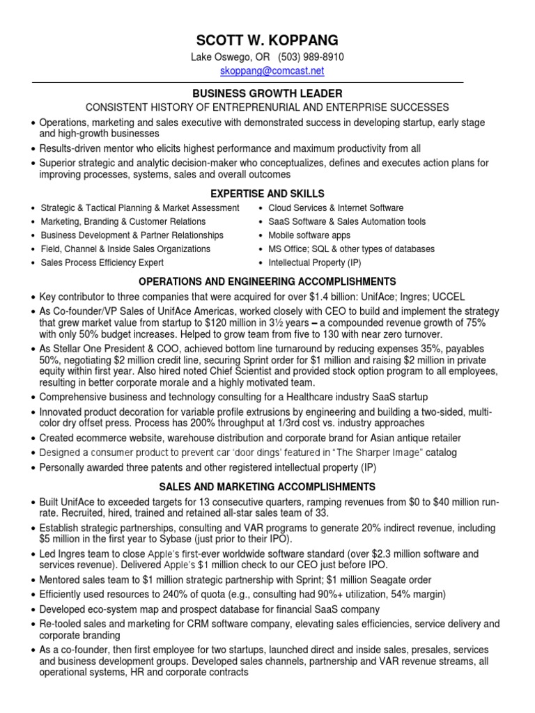 COO Marketing Sales VP in Portland OR Resume Scott Koppang | PDF ...