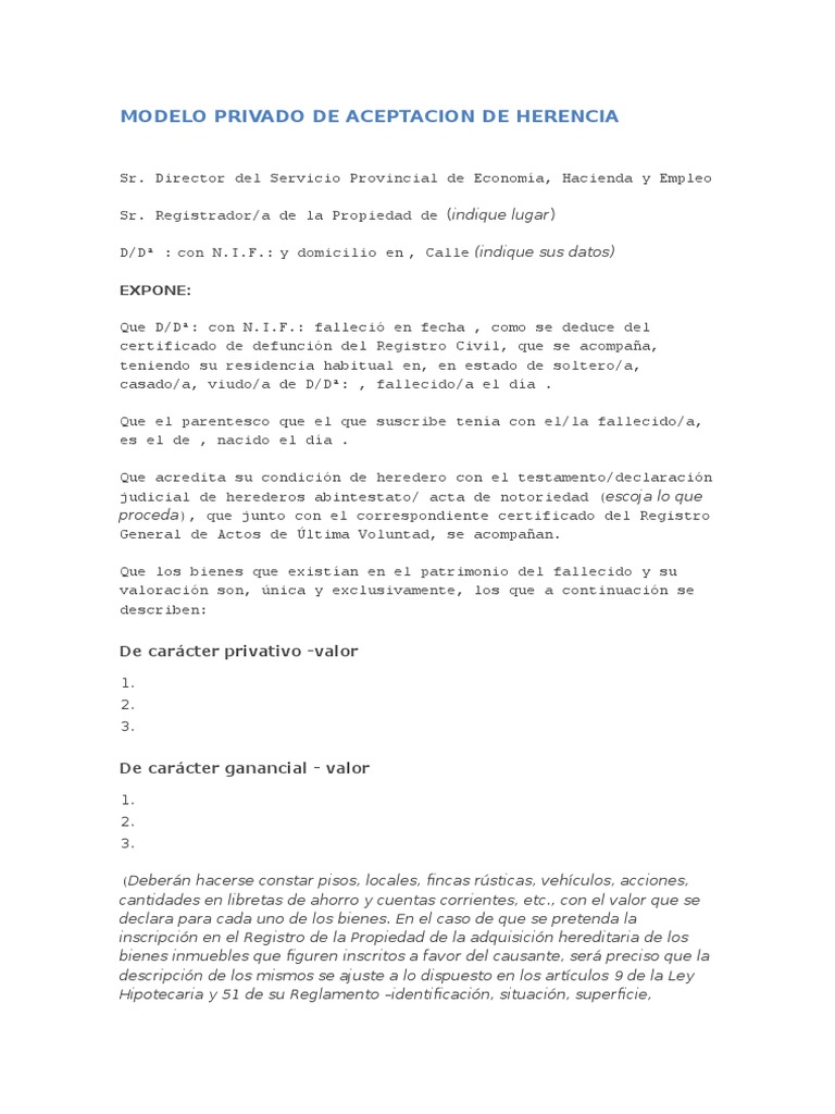 Modelo Privado de Aceptacion de Herencia | PDF | Herencia | Derecho privado Modelo Privado de Aceptacion de Herencia | PDF | Herencia | Derecho privado