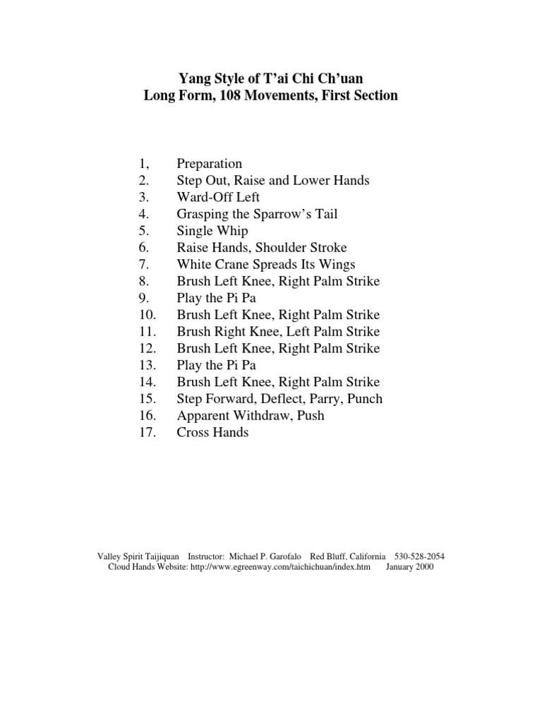 Yang Style of T'ai Chi Ch'uan Long Form, 108 Movements, First Section ...