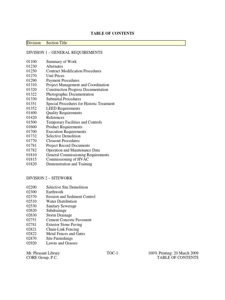 Table of Contents Division Section Title | PDF | Hvac | Specification ...