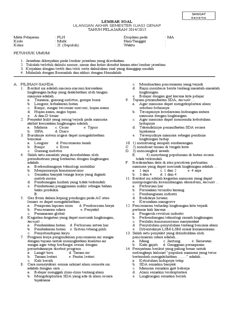 Uas PLH KLS X | PDF | Sains & Matematika | Teknologi & Rekayasa