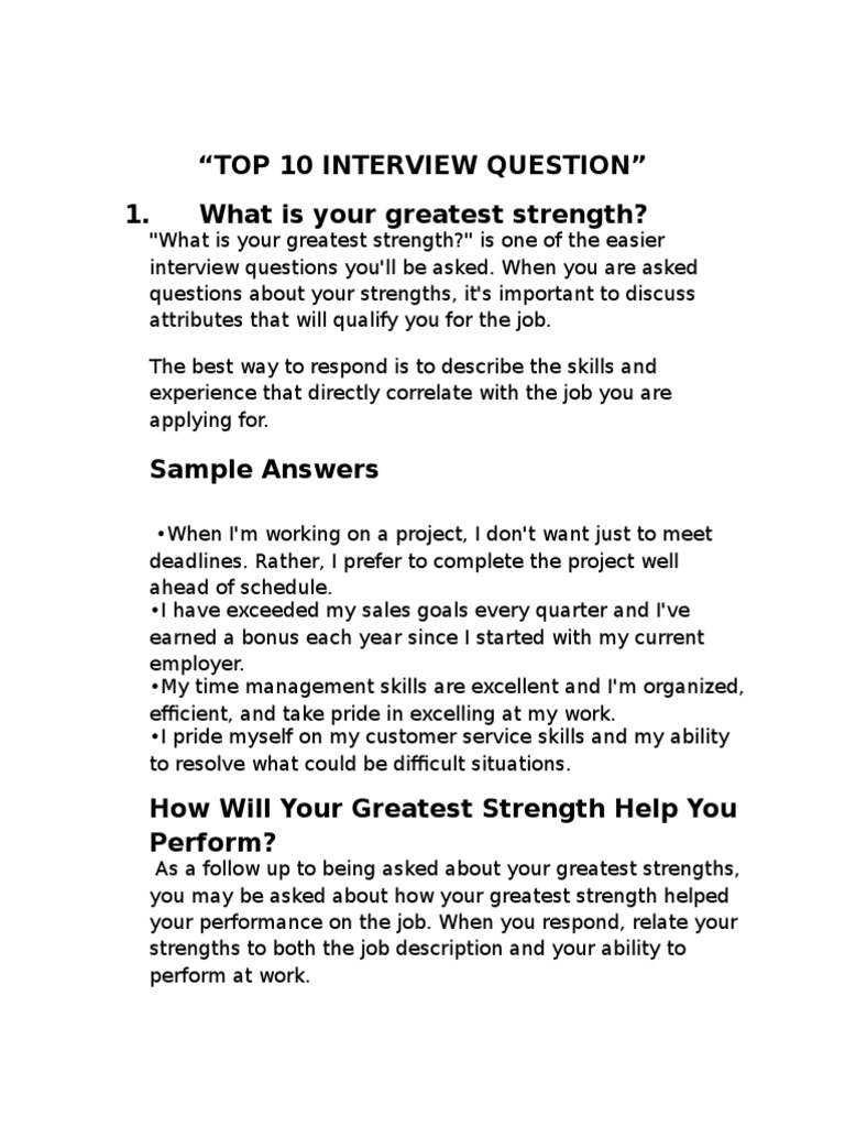 "Top 10 Interview Question" 1. What Is Your Greatest Strength? | PDF ...