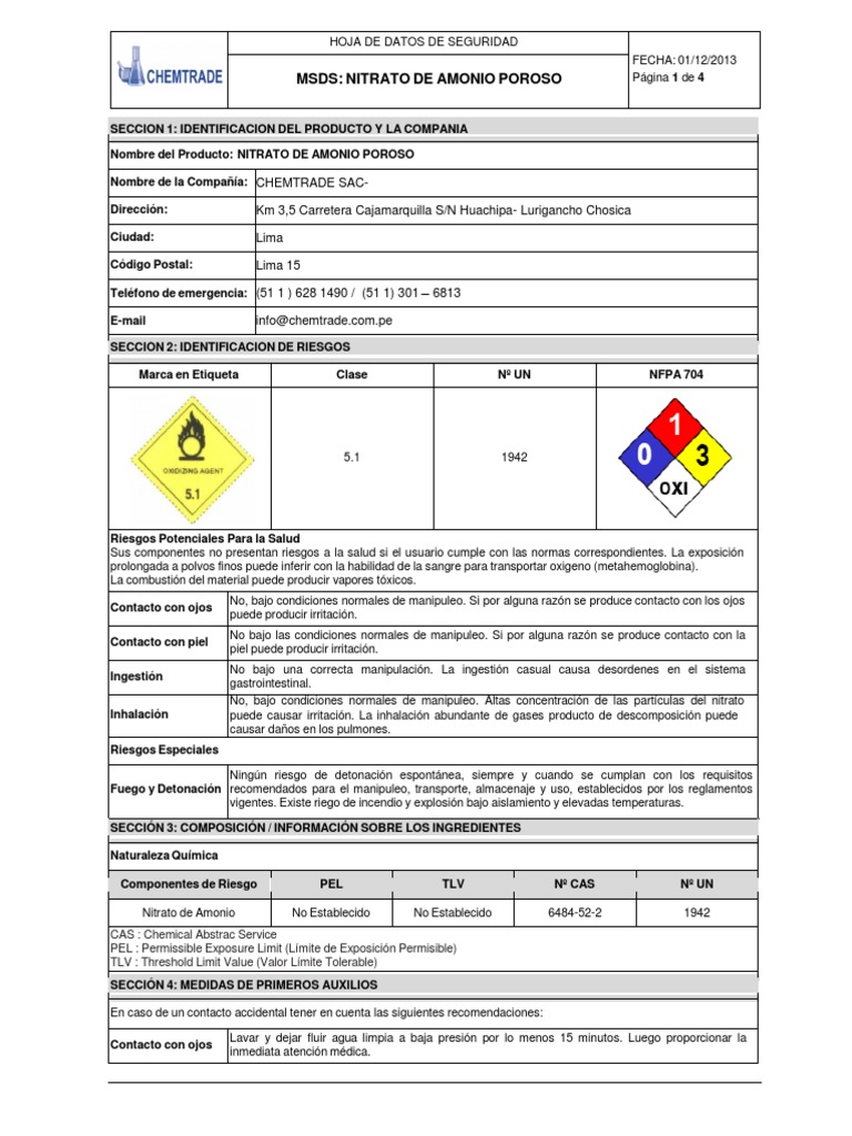 MSDS NITRATO DE AMONIO (1) Chemtrade PDF | PDF | Residuos | Contaminación