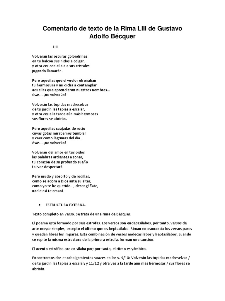 Comentario de Texto de La Rima LIII de Gustavo Adolfo Bécquer | PDF ...