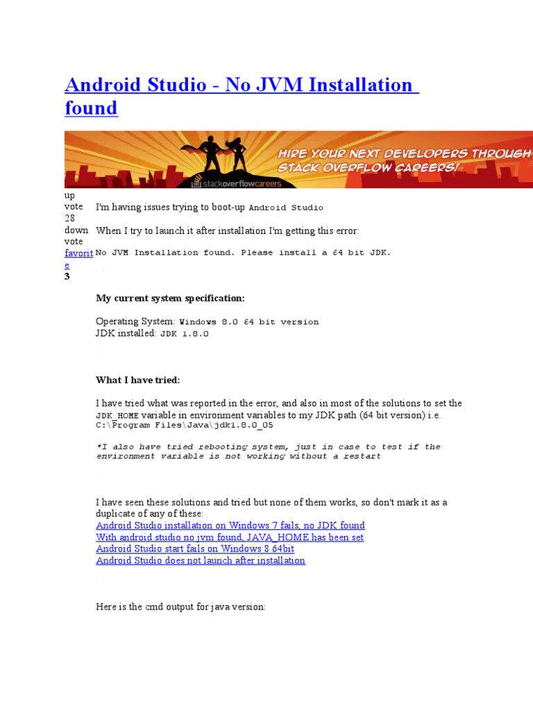 Android Studio - No JVM Installation Found | PDF | Java Virtual Machine | Java (Programming ...