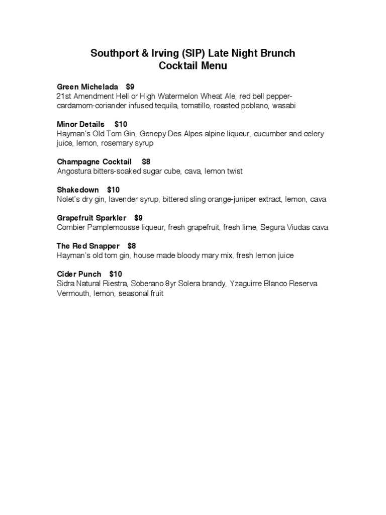 SIP Late Night Brunch Cocktail Menu - May 2015 | PDF