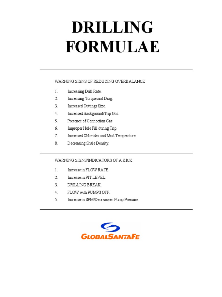 Drilling Formulae and Guidelines | PDF | Pressure | Casing (Borehole)