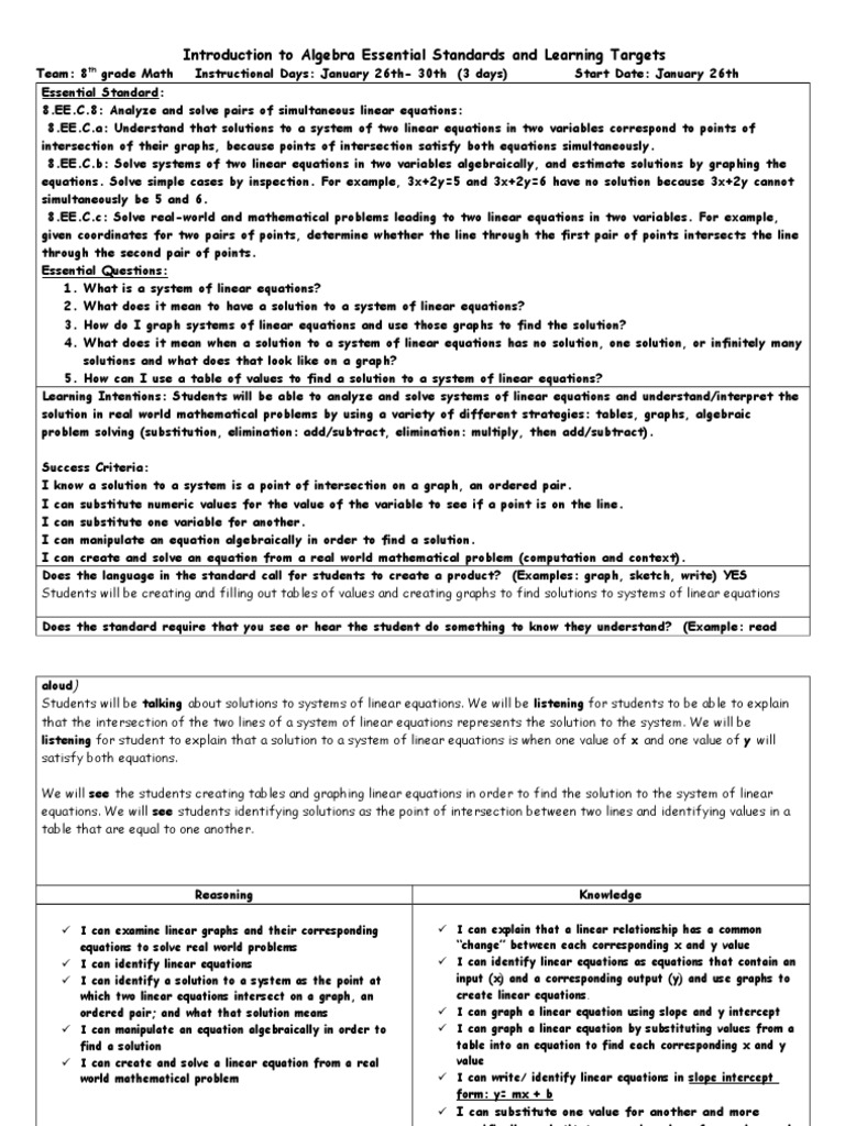 8th Grade Lesson Plan: Linear Equations | PDF | System Of Linear ...