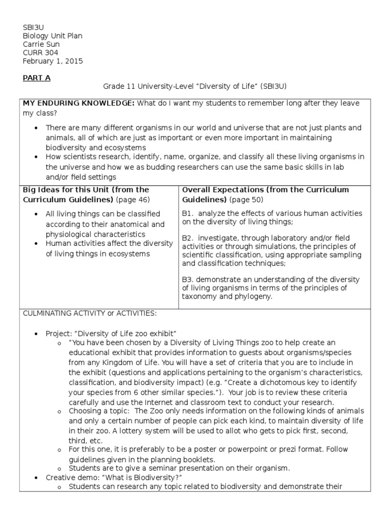 Biology Unit Plan Carriesun Sbi3u | PDF | Species | Taxonomy (Biology)