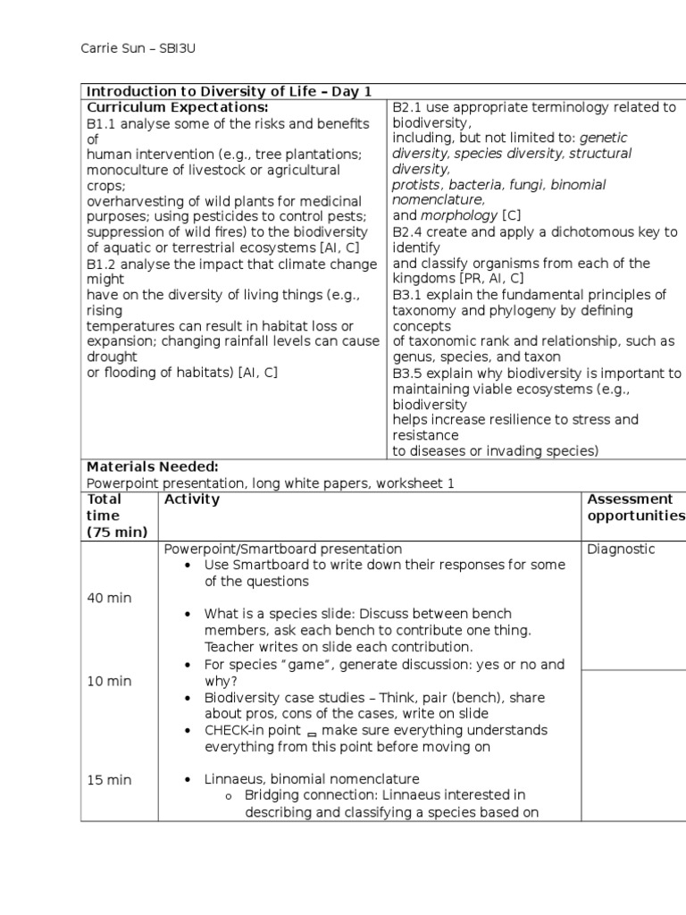 Biodiversity and Taxonomy Lesson Plan | PDF | Biodiversity | Taxonomy ...